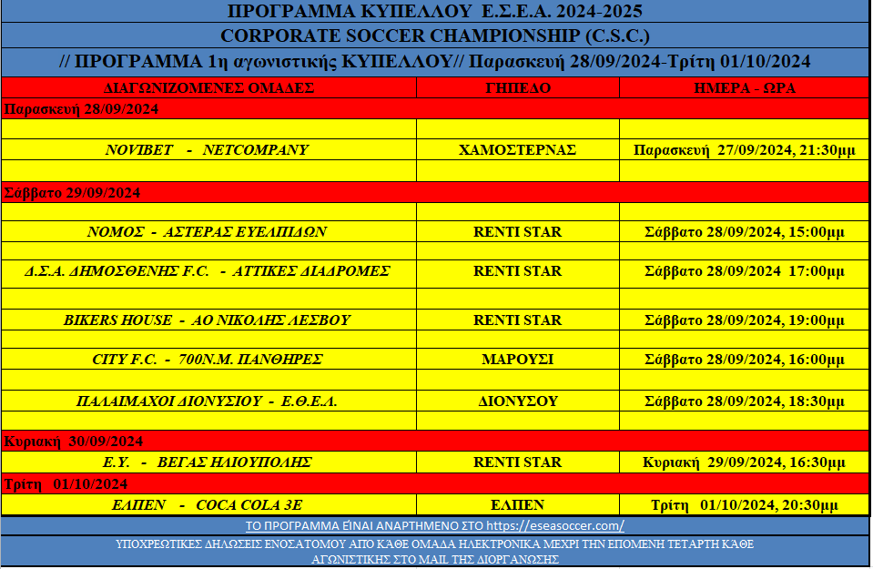ΠΡΟΓΡΑΜΜΑ 1ης ΑΓΩΝΙΣΤΙΚΗΣ ΚΥΠΕΛΛΟΥ 2024-2025