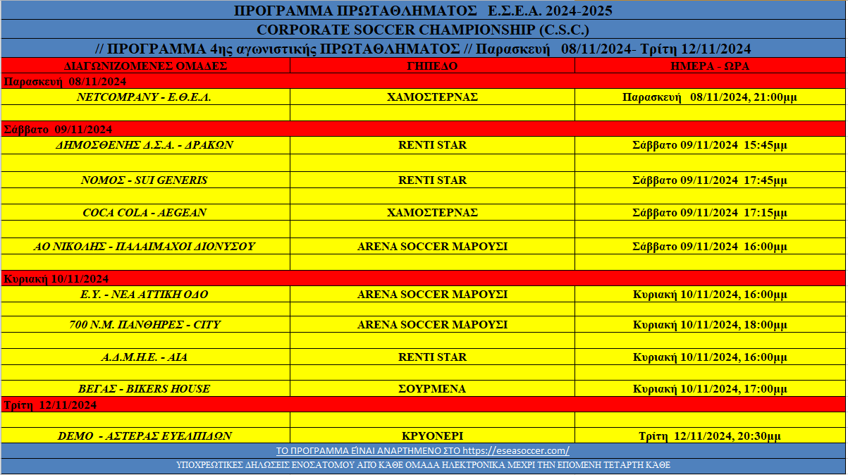 ΠΡΟΓΡΑΜΜΑ 4ης ΑΓΩΝΙΣΤΙΚΗΣ ΠΡΩΤΑΘΛΗΜΑΤΟΣ 2024-2025