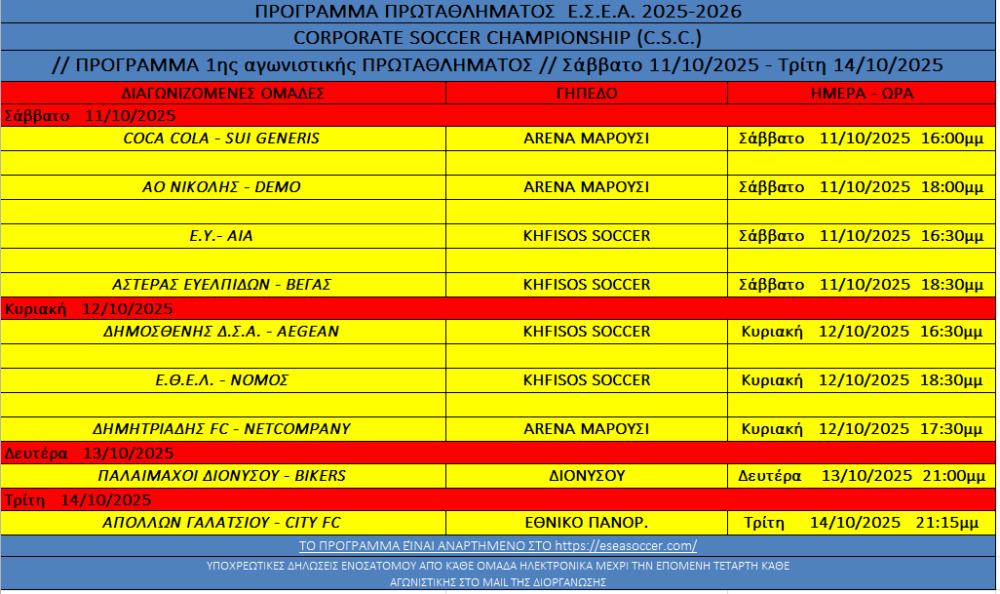 ΠΡΟΓΡΑΜΜΑ ΠΡΩΤΑΘΛΗΜΑΤΟΣ 2025-2026